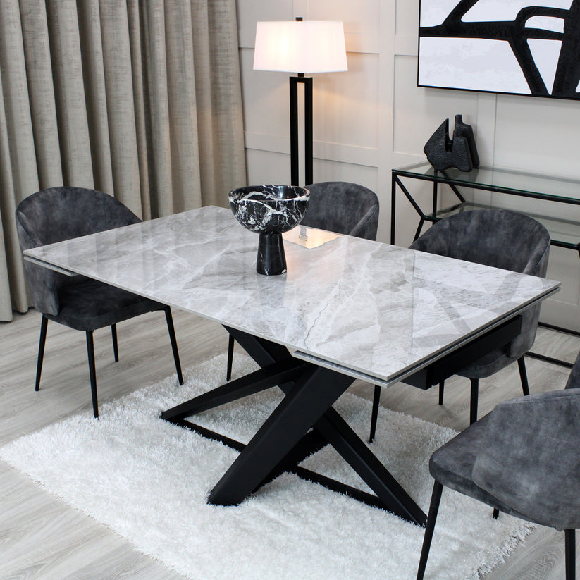 Grey Ceramic Marble Effect Extending Dining Table With Black Base ...