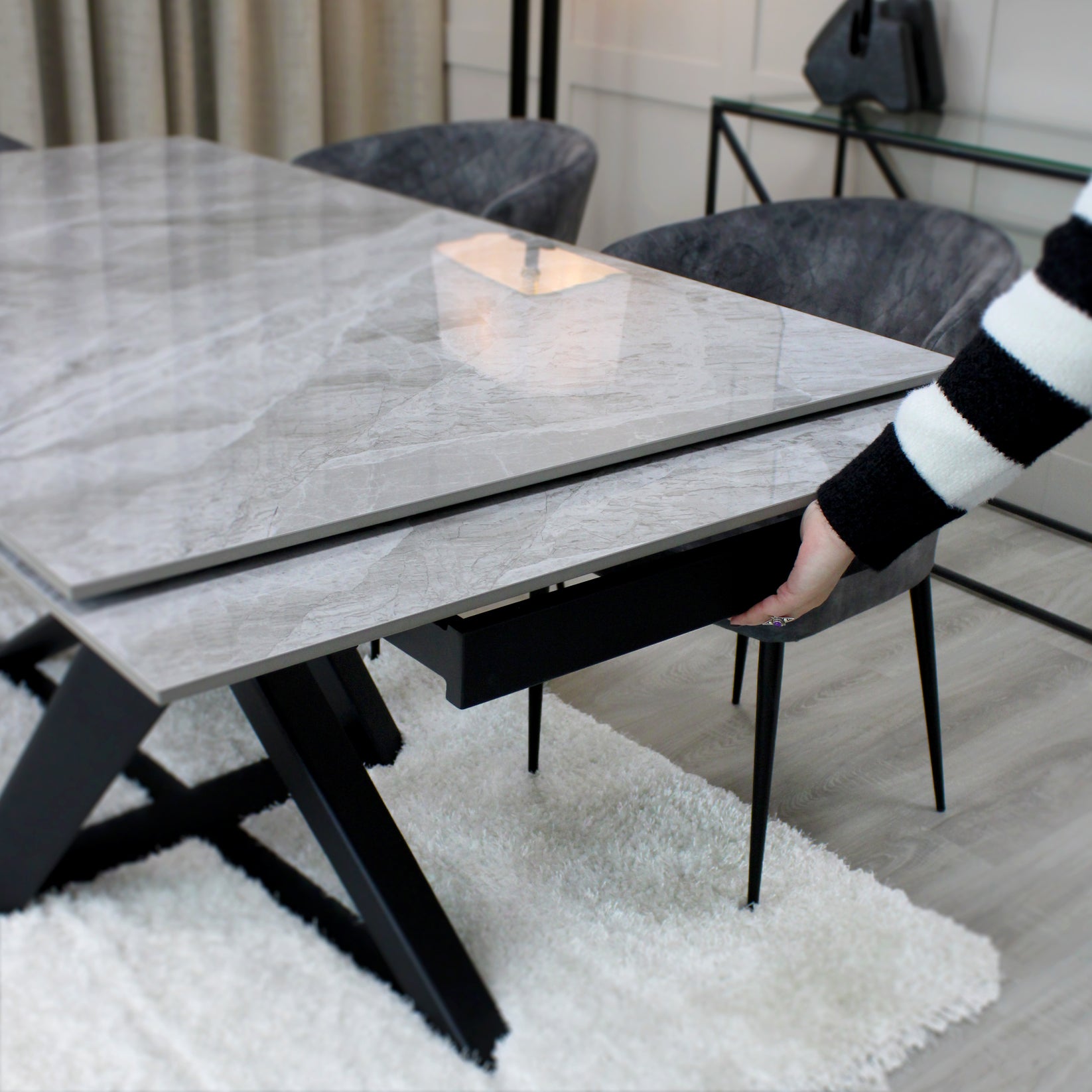 Grey Ceramic Marble Effect Extending Dining Table With Black Base ...