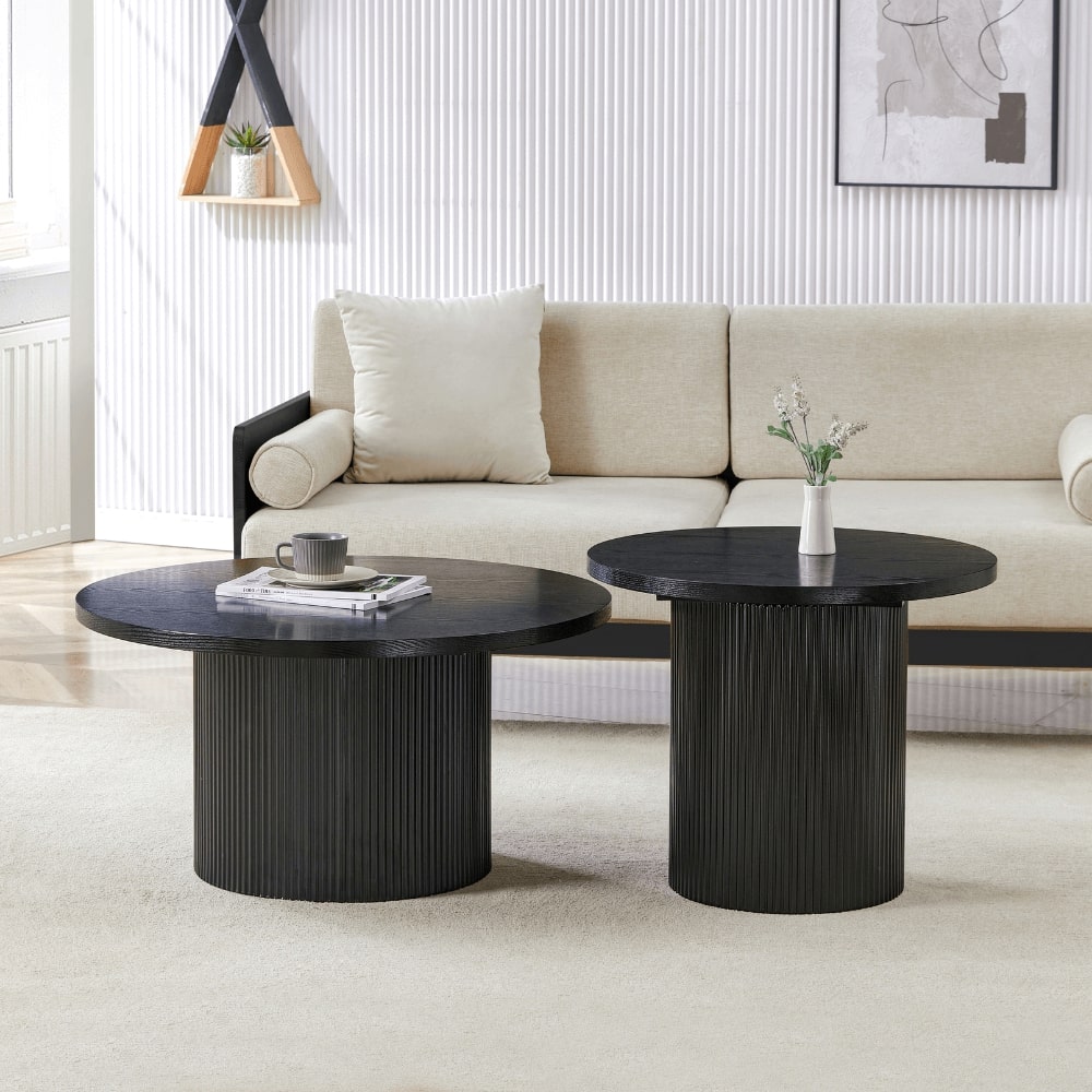 Luca Black Wood Coffee Tables With Ribbed Base Set of 2 – Modish Furnishing