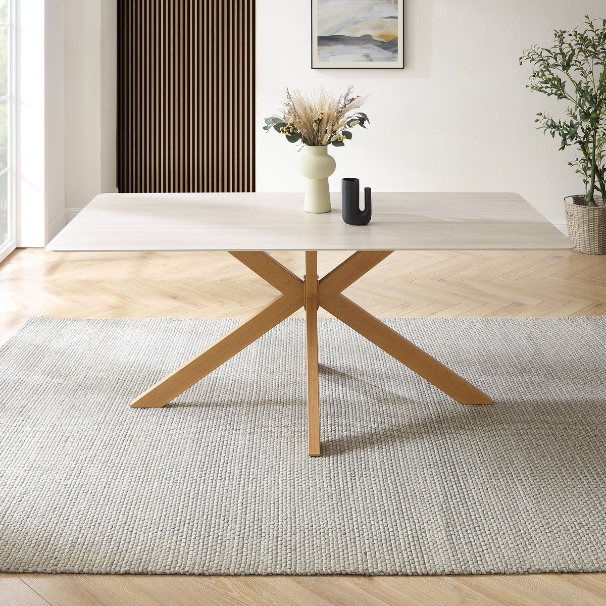 Athens White Ceramic Dining Table with Natural Wood Effect Base ...