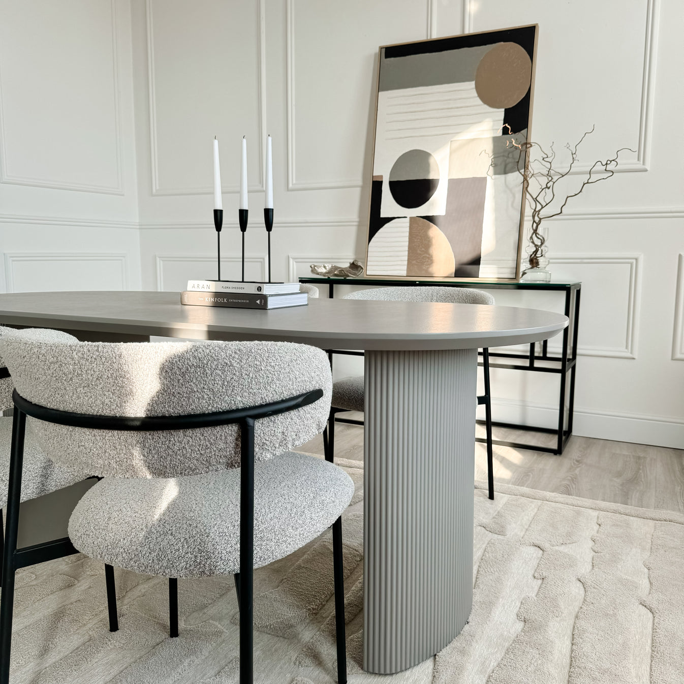 Light Grey Wooden Dining Table with Ribbed Wooden Base – Modish Furnishing