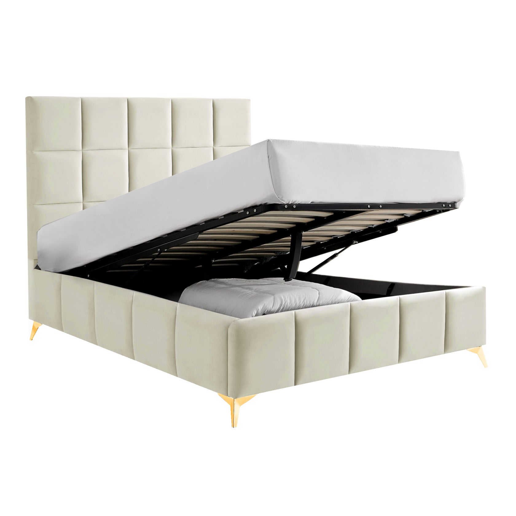 Imogen Velvet Cream Padded Ottoman Storage Bed With Gold Legs – Modish ...