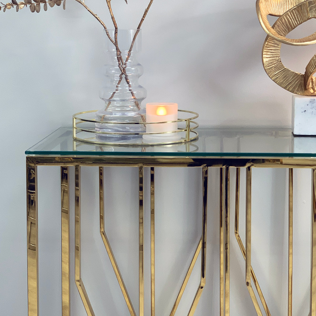 Aria Gold Deco Console Table With Clear Glass Top – Modish Furnishing