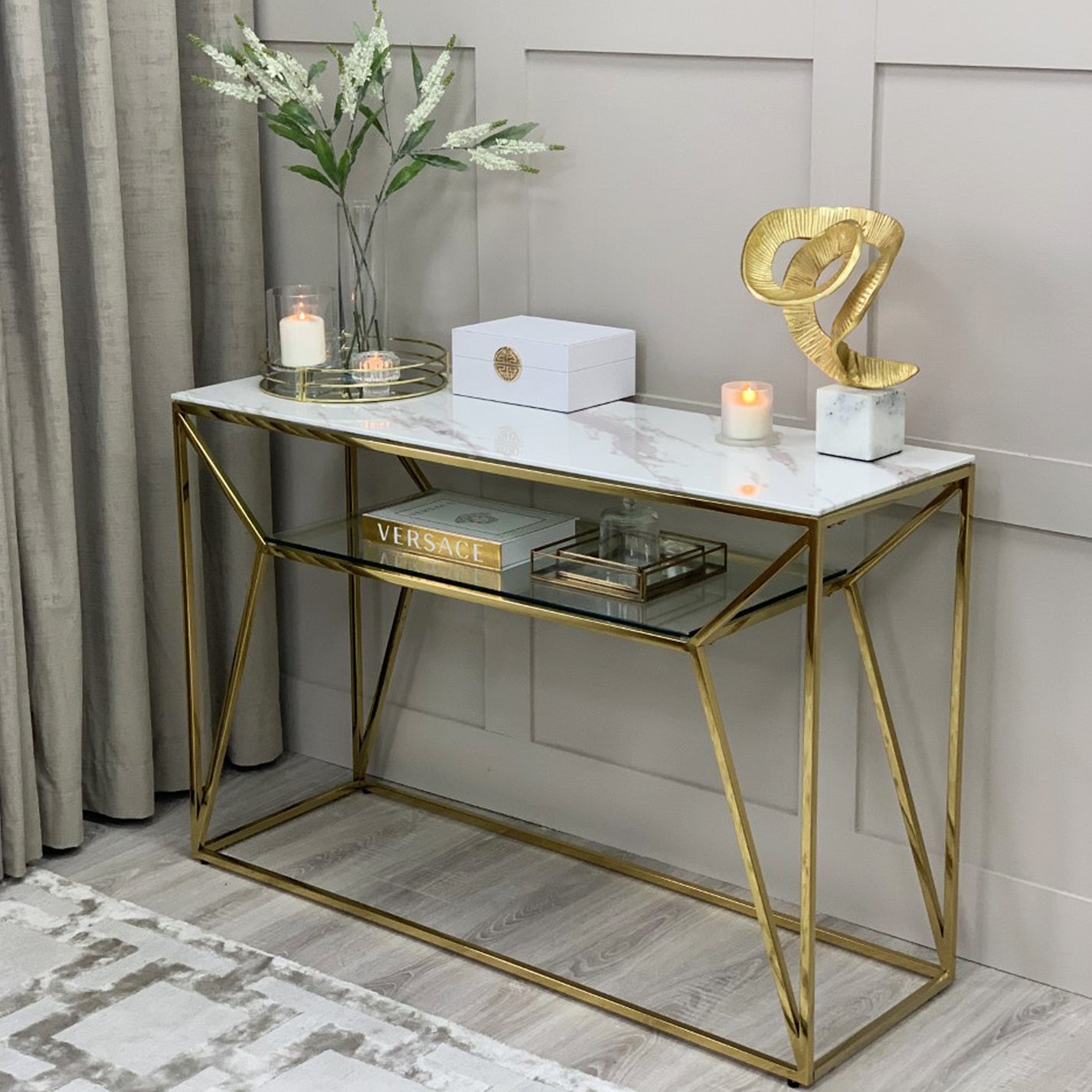 Ava White Marble Effect Console Table With Gold Legs – Modish Furnishing