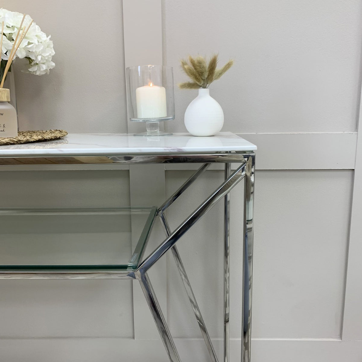 Ava Silver Chrome Console Table With White Marble Effect Top – Modish ...